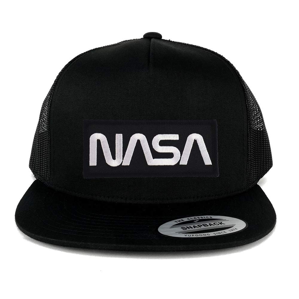 Armycrew NASA Black White Worm Patch 5 Panel Flat Bill Trucker Mesh Cap - Black - Regular