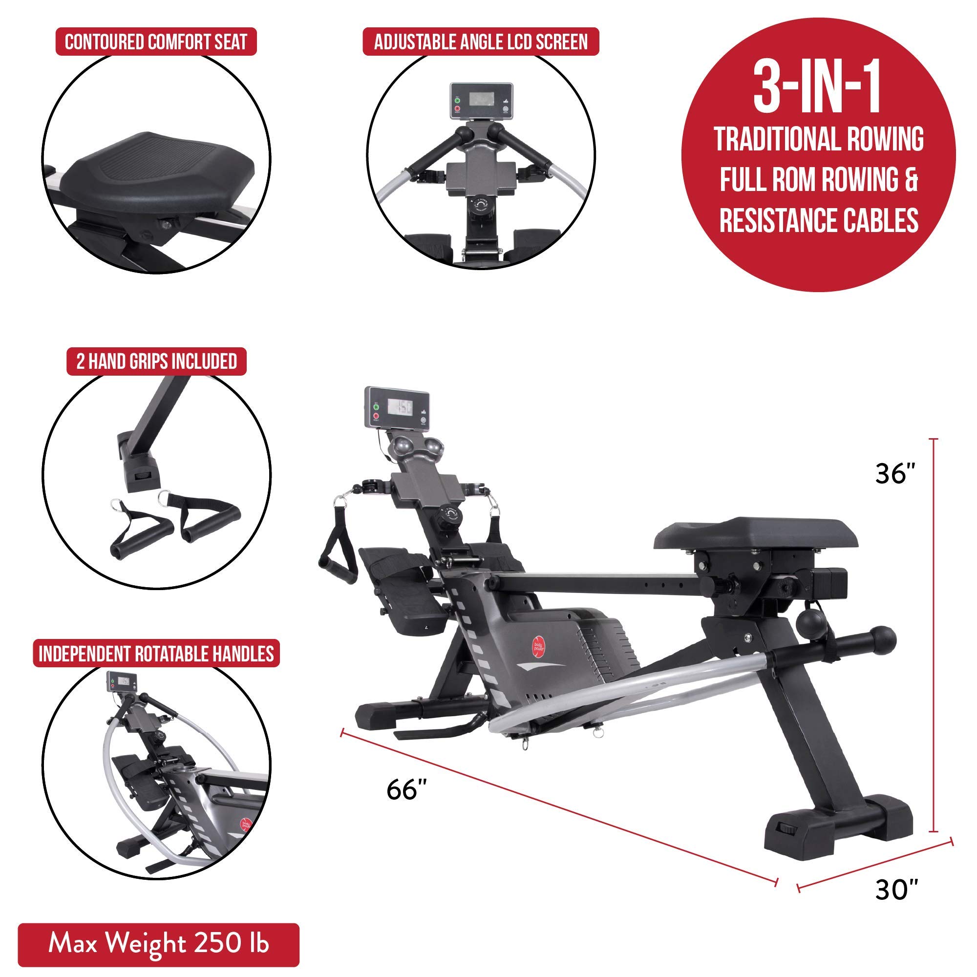 Body Power 3-in-1 Conversion Rowing Machine with Strength Resistance Cable Training, Rower Exercise Equipment for Home Gym BRW3268