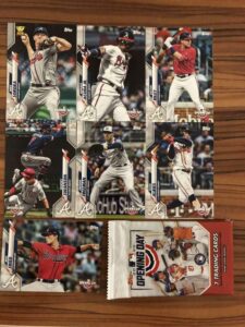 2020 topps opening day baseball atlanta braves base mlb team set of 7 cards: #42 max fried 56 mike soroka 67 ronald acuña jr. 71 ozzie albies 116 dansby swanson 145 freddie freeman 180 austin riley hand collated from a hobby box comes with free bonus hobb