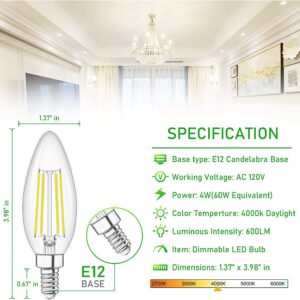 winshine E12 Candelabra LED Bulbs Dimmable 4000K Daylight 60W Equivalent,Type B Light Bulb for Chandelier, C35 Ceiling Fan Light Bulb Clear Glass,600LM,6 Pack