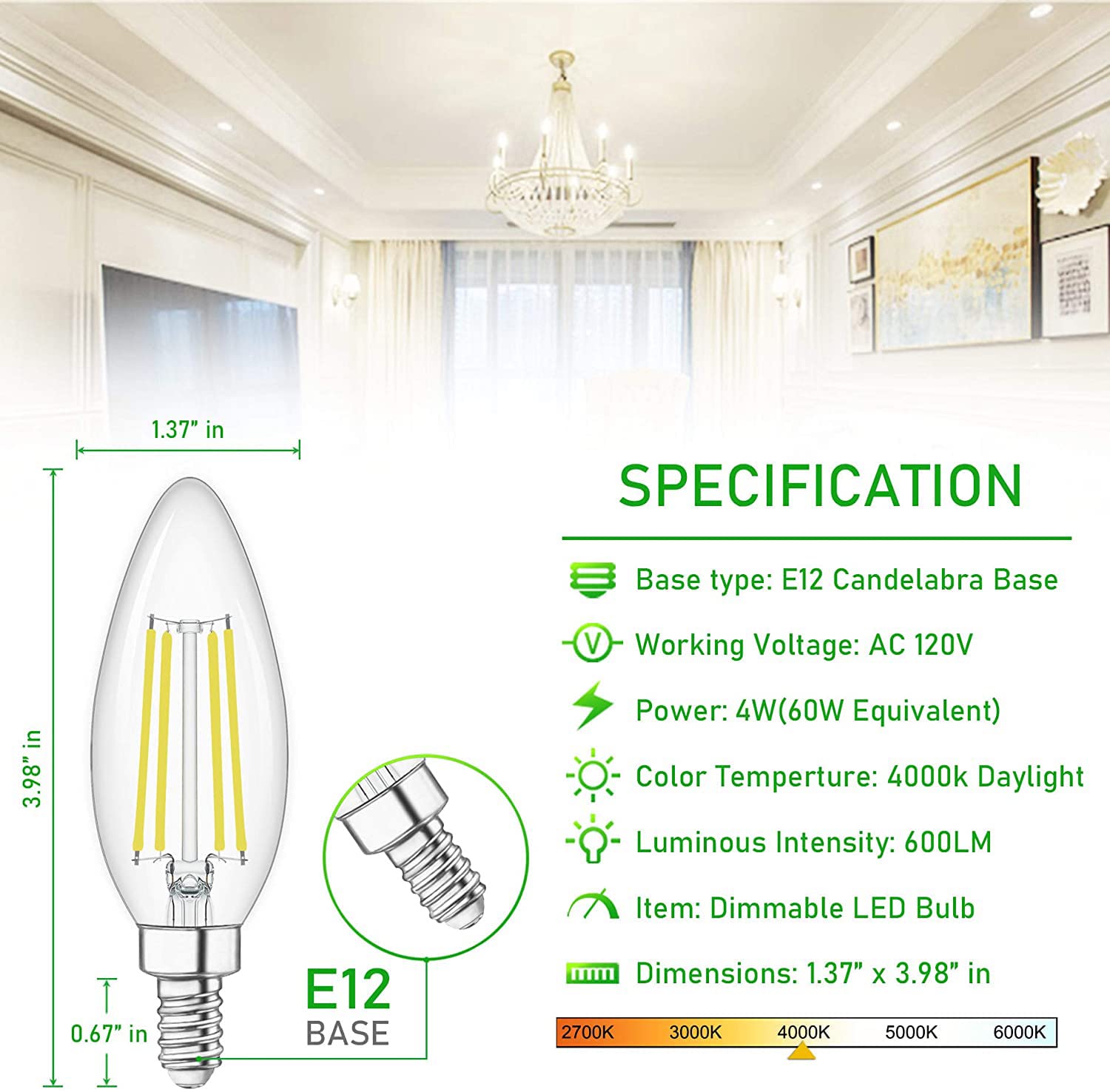 winshine E12 Candelabra LED Bulbs Dimmable 4000K Daylight 60W Equivalent,Type B Light Bulb for Chandelier, C35 Ceiling Fan Light Bulb Clear Glass,600LM,6 Pack