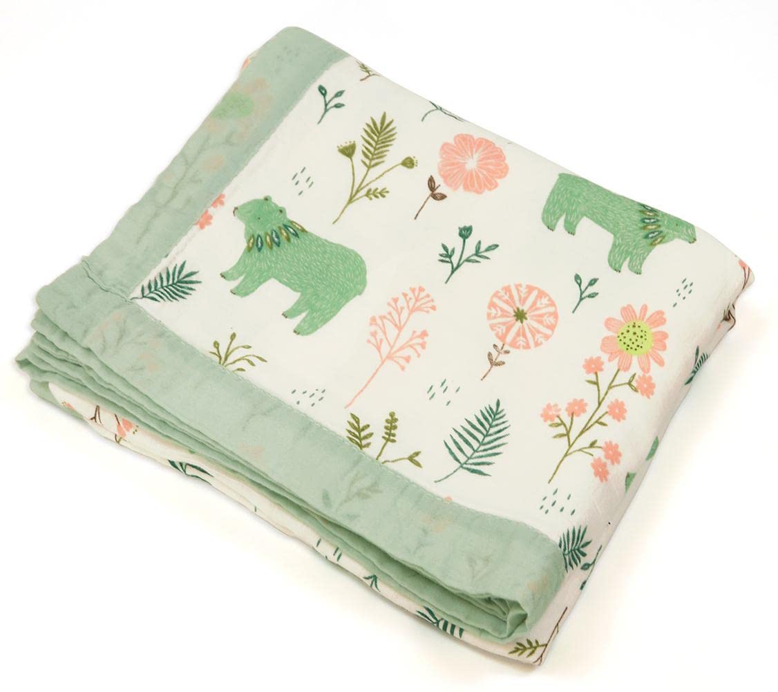 Farmer Mani Floral Bear Muslin Swaddle Blankets, Baby Muslin Quilt for Boys Girls Toddlers, Everything Blanket, Stroller Cover, Large 43"X45"(Flower Bear)