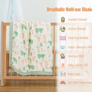 Farmer Mani Floral Bear Muslin Swaddle Blankets, Baby Muslin Quilt for Boys Girls Toddlers, Everything Blanket, Stroller Cover, Large 43"X45"(Flower Bear)