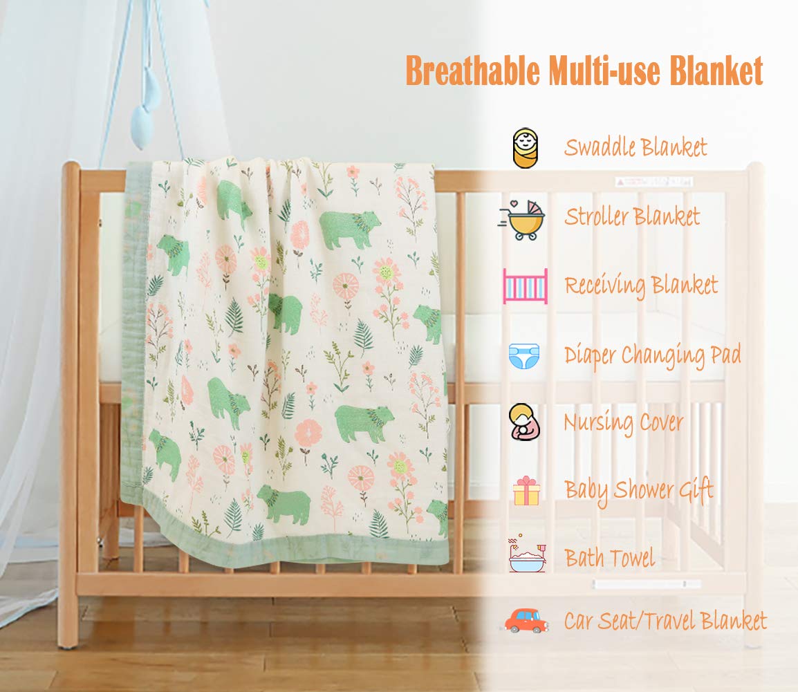 Farmer Mani Floral Bear Muslin Swaddle Blankets, Baby Muslin Quilt for Boys Girls Toddlers, Everything Blanket, Stroller Cover, Large 43"X45"(Flower Bear)