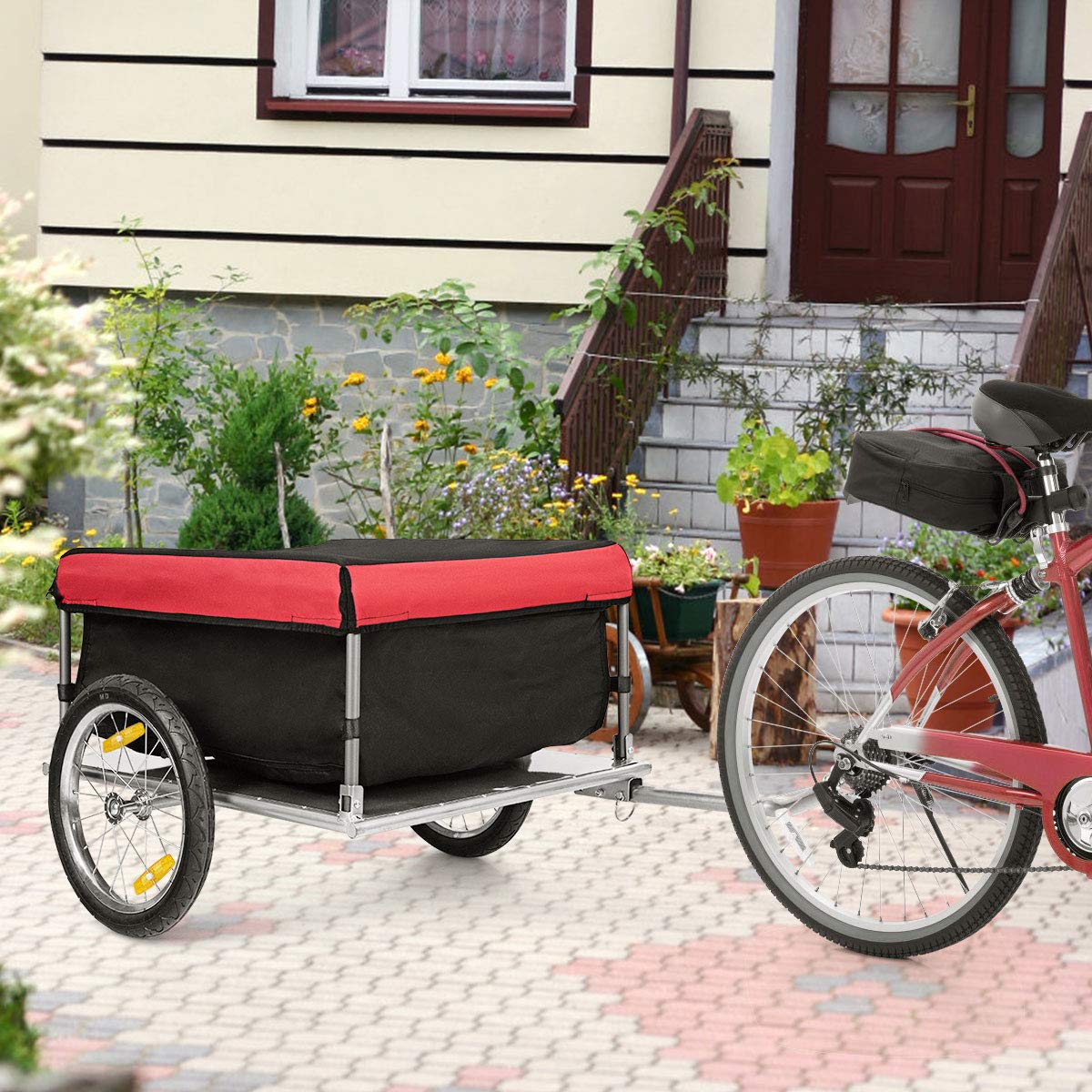 Goplus Bike Cargo Trailer, Foldable Bicycle Trailer with 16” Wheels, Removable Cover, Oxford Fabric, Folding Frame Quick Release, Bike Cart Bike Wagon Trailer for Luggage, Tools, Groceries