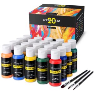 magicfly acrylic paint set (2fl oz/60ml), 20 colours outdoor acrylic paint with 3 paint brushes, waterproof, non-toxic craft paints for canvas, wood, rocks, fabric, leather, ceramic and model