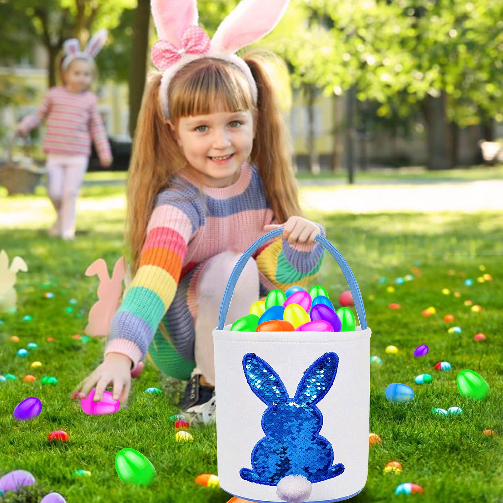 3 Pack Easter Eggs Baskets for Kids,Canvas Personalized Easter Bunny Baskets Bucket Tote Gifts Bags with Rabbit Fluffy Tail for Girls Boys Easter Eggs Hunt Easter Party Favors Decorations Toy