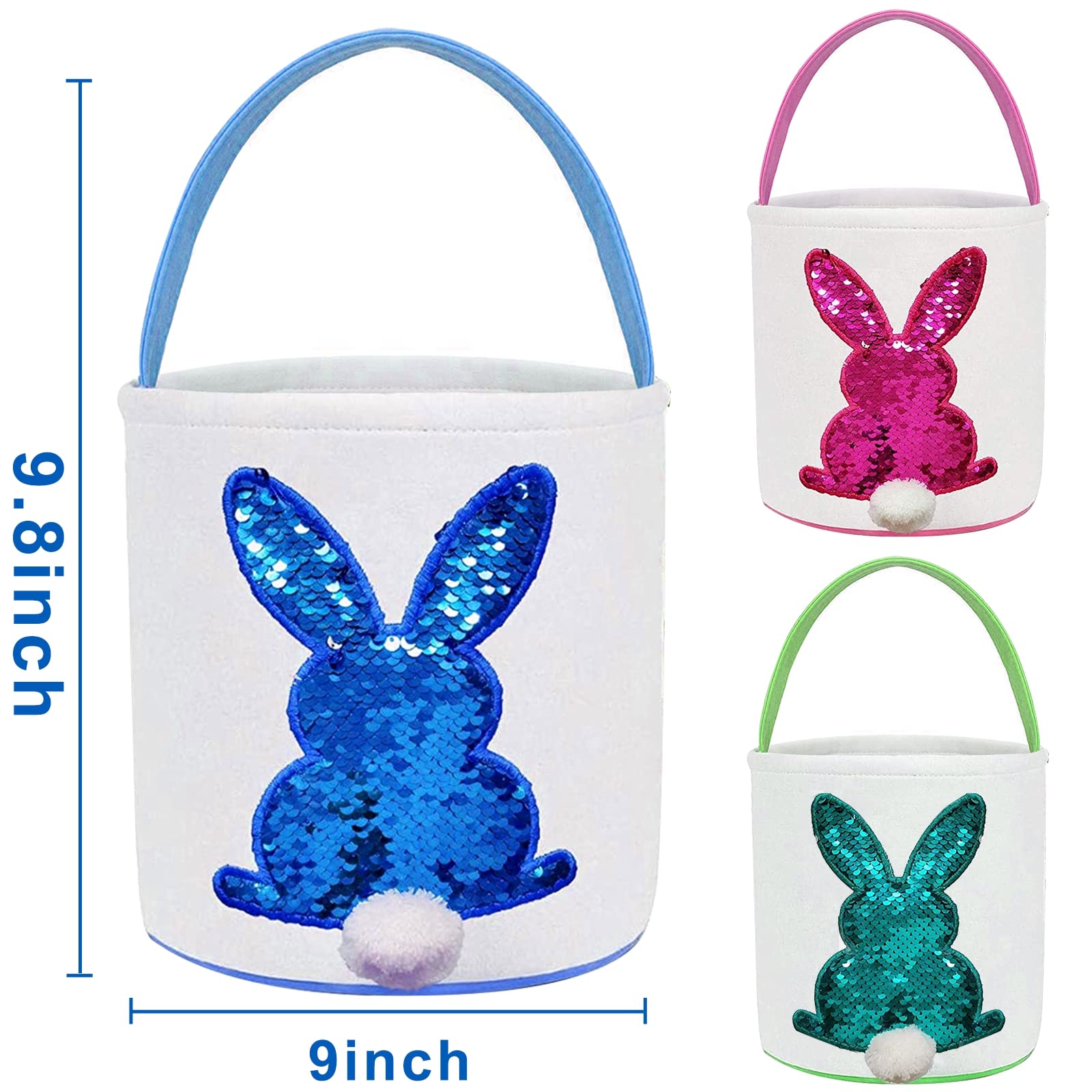 3 Pack Easter Eggs Baskets for Kids,Canvas Personalized Easter Bunny Baskets Bucket Tote Gifts Bags with Rabbit Fluffy Tail for Girls Boys Easter Eggs Hunt Easter Party Favors Decorations Toy