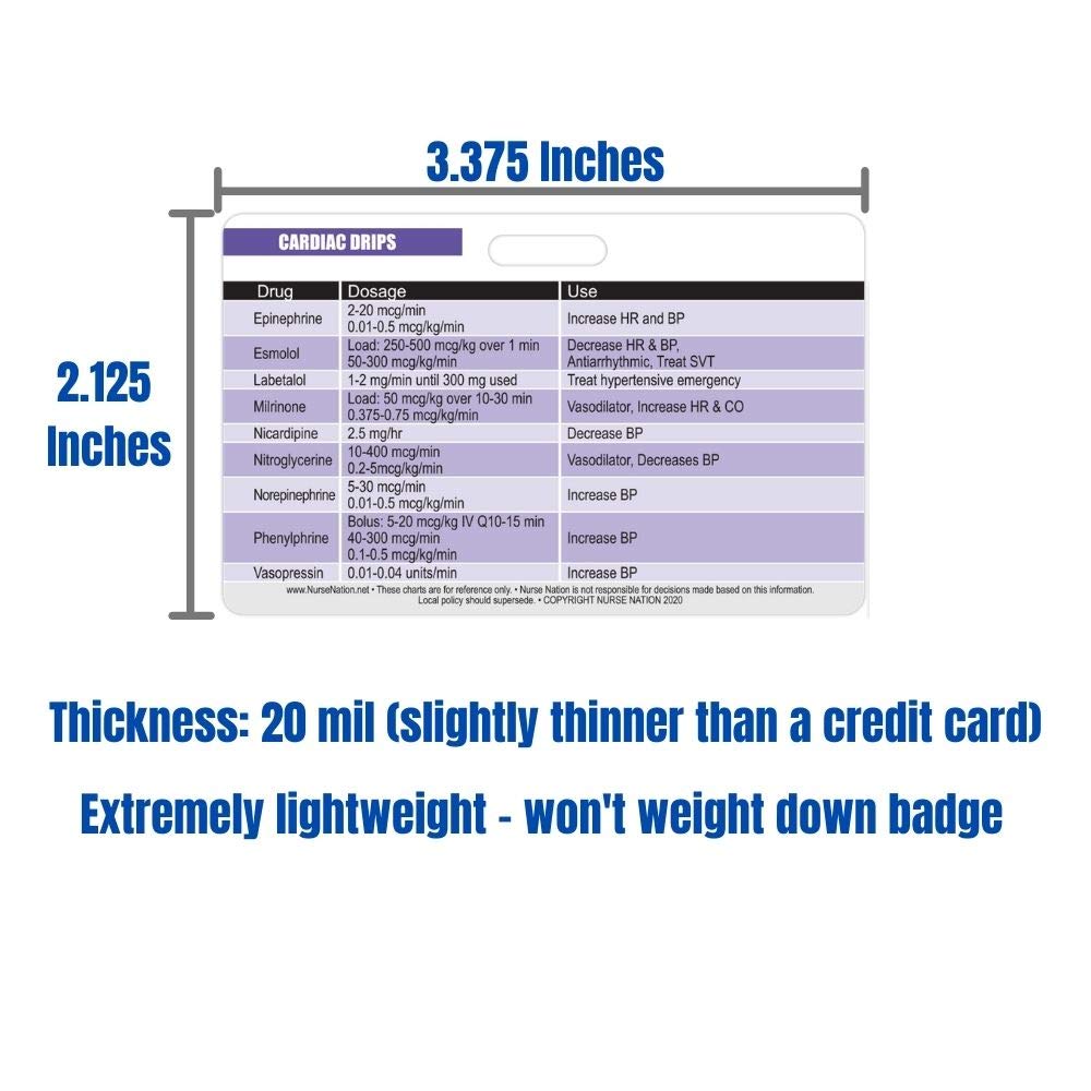 Cardiac Drips Reference Horizontal Badge Card - Excellent Resource for Nurses, Nursing Clinicals, and RN Students - Great Nursing School Supplies and Accessories