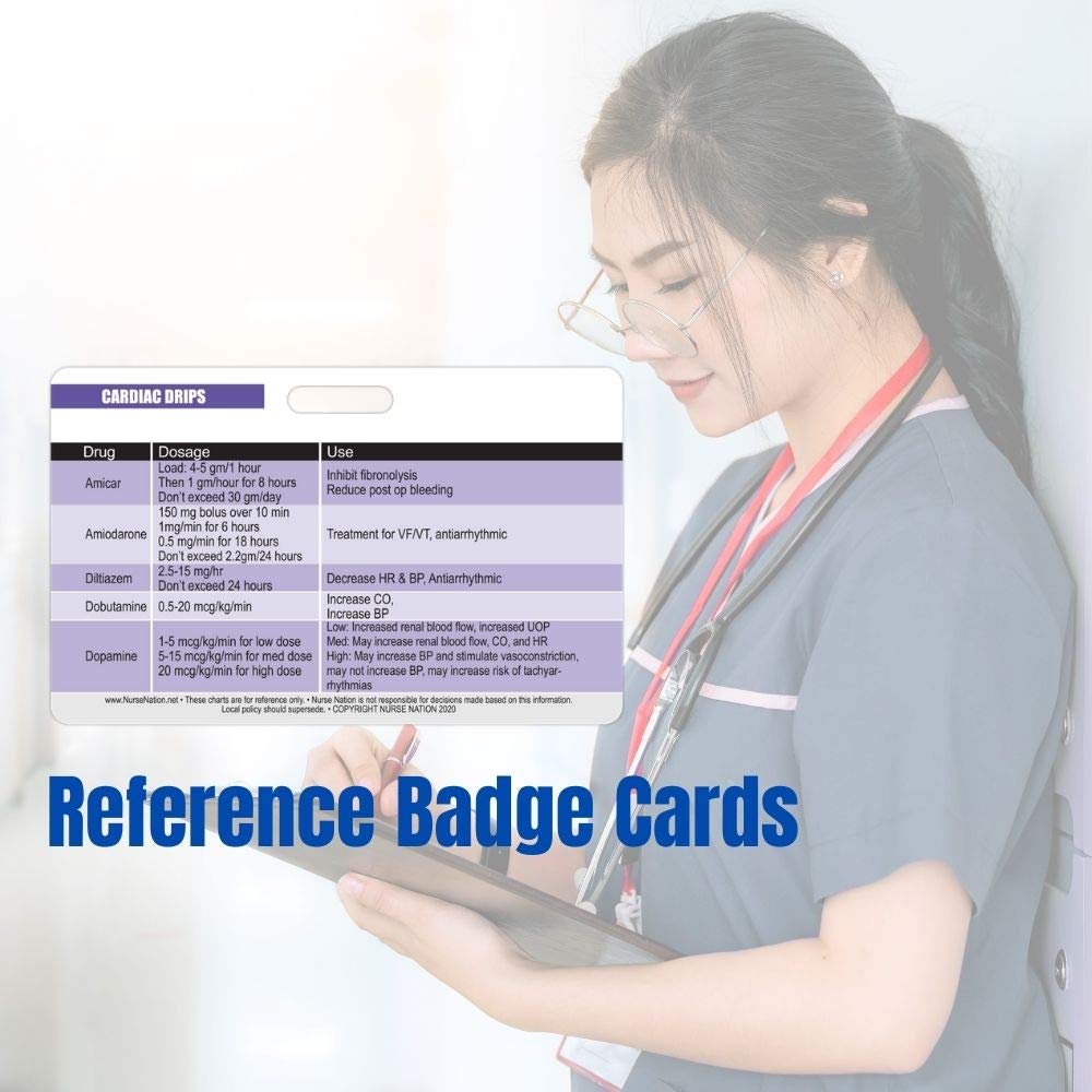 Cardiac Drips Reference Horizontal Badge Card - Excellent Resource for Nurses, Nursing Clinicals, and RN Students - Great Nursing School Supplies and Accessories