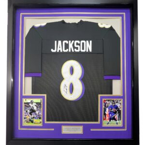 framed autographed/signed lamar jackson 33x42 baltimore black football jersey jsa coa