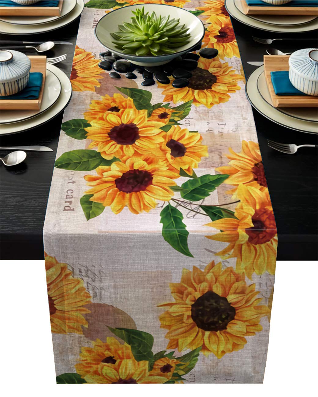 Greeeen Linen Burlap Table Runner, Sunflower Kitchen Table Runners for Family Dinner, Banquet, Parties and Celebrations, Rustic Sunflowers Table Decor, 13 x 90 inch