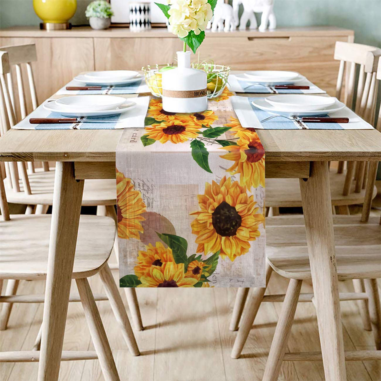 Greeeen Linen Burlap Table Runner, Sunflower Kitchen Table Runners for Family Dinner, Banquet, Parties and Celebrations, Rustic Sunflowers Table Decor, 13 x 90 inch