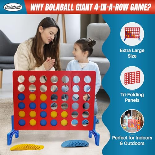 Bolaball Giant 4 in a Row Outdoor Wooden Game with Travel Bag, Extra Large Family Fun Lawn & Yard Games, Jumbo Game for Adults & Kids (Tabletop - Pack of 1)