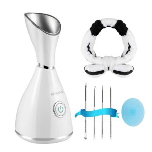 getanye nano ionic face steamer - 10x penetration for facial, unclogs pores, moisturizing spa humidifier with free blackhead remover kit, hair band, face brush