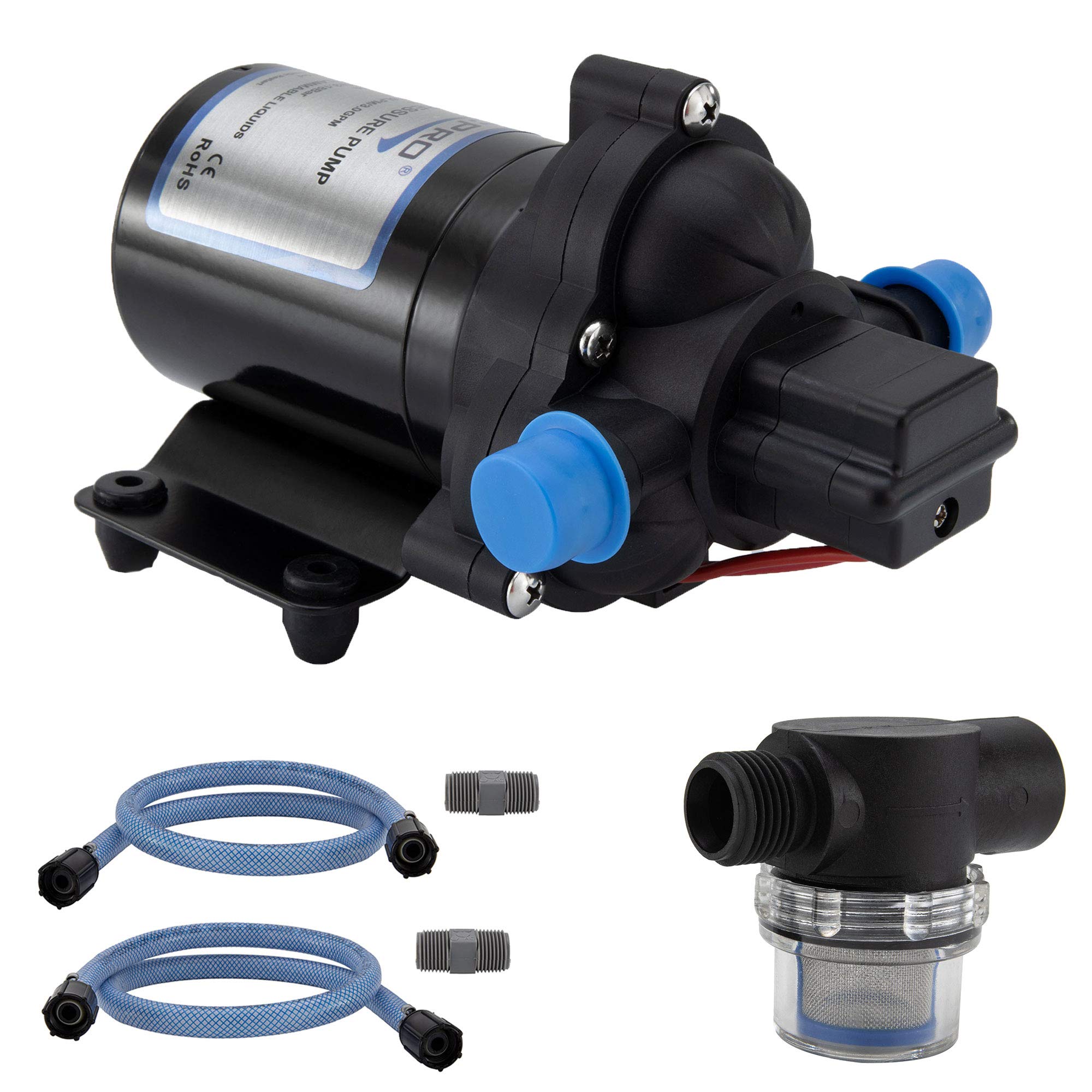 RecPro RV Water Pump | 12V Electric 3 Chamber with Pressure Switch | 45 PSI Max Draw 8.0AMP GPM/LPM 3.0/11.6 | Self Priming (With Strainer, With Silencer)