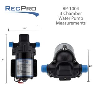 RecPro RV Water Pump | 12V Electric 3 Chamber with Pressure Switch | 45 PSI Max Draw 8.0AMP GPM/LPM 3.0/11.6 | Self Priming (With Strainer, With Silencer)