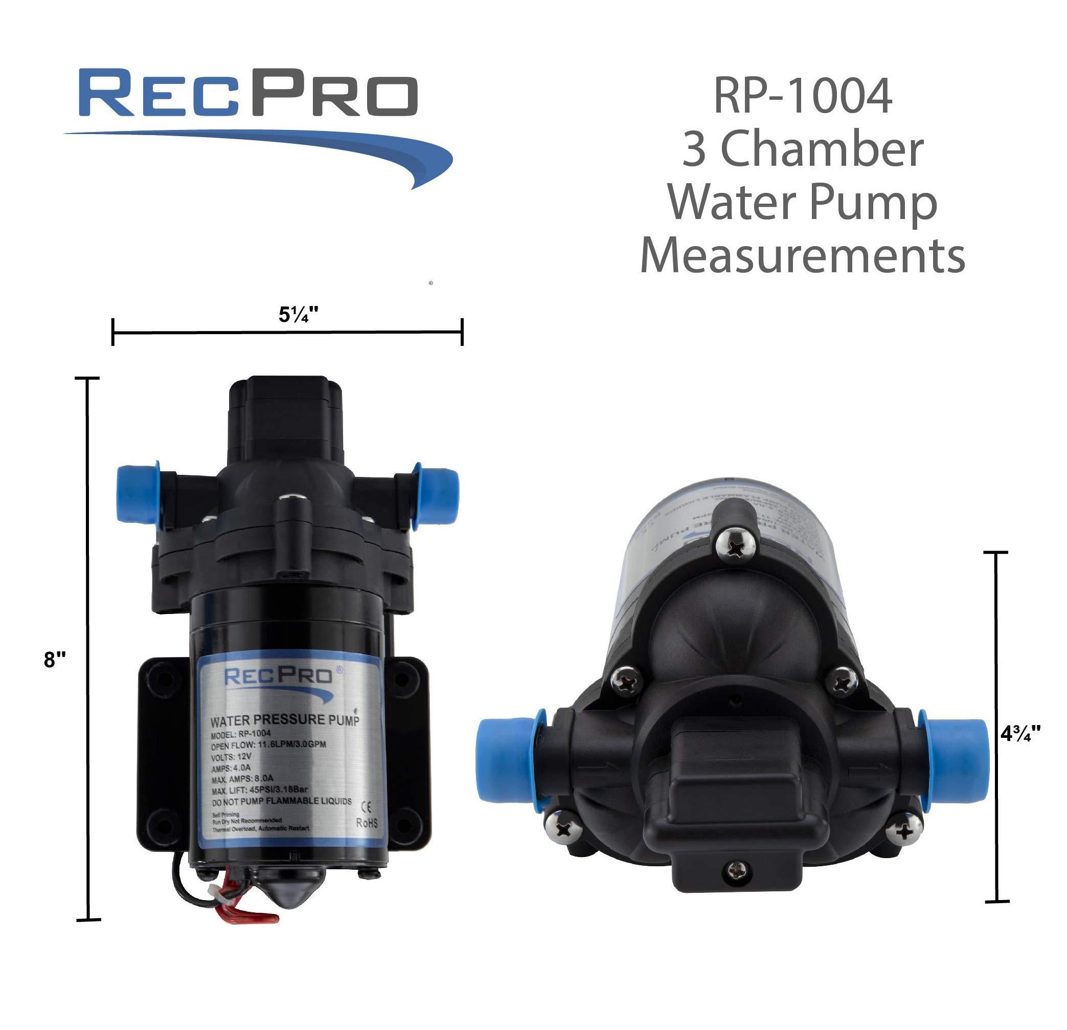 RecPro RV Water Pump | 12V Electric 3 Chamber with Pressure Switch | 45 PSI Max Draw 8.0AMP GPM/LPM 3.0/11.6 | Self Priming (With Strainer, With Silencer)