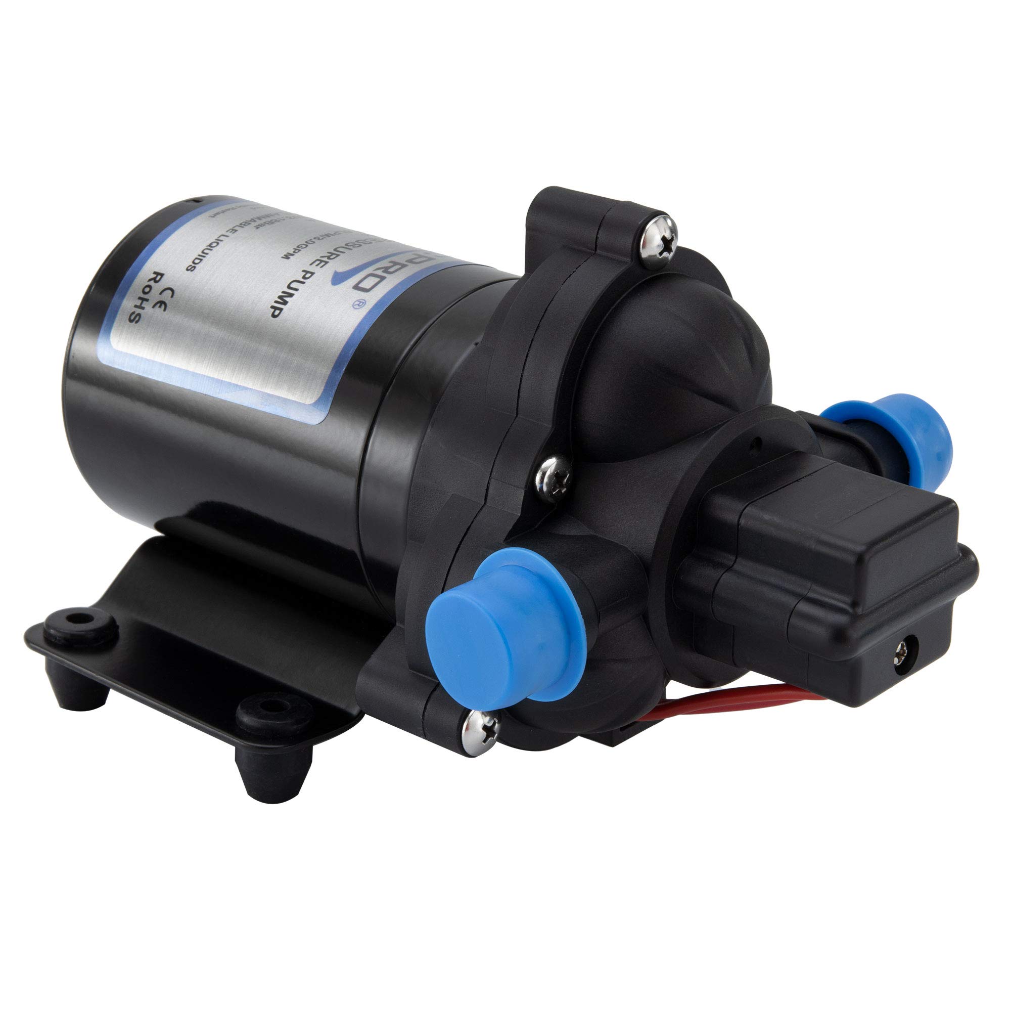 RecPro RV Water Pump | 12V Electric 3 Chamber with Pressure Switch | 45 PSI Max Draw 8.0AMP GPM/LPM 3.0/11.6 | Self Priming (With Strainer, With Silencer)