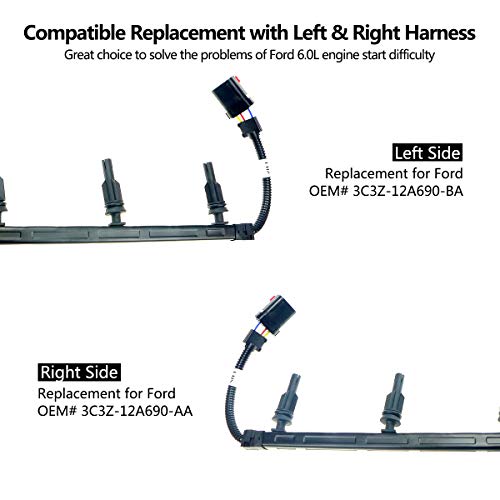 6.0L Powerstroke Glow Plug Wire Wiring Harness Set Fit for Ford 2003 6.0l Diesel Super Duty F250 F350 F450 F550, Right & Left Pigtial Connector Harness Replace 3C3Z-12A690-AA 3C3Z-12A690-BA 12A690