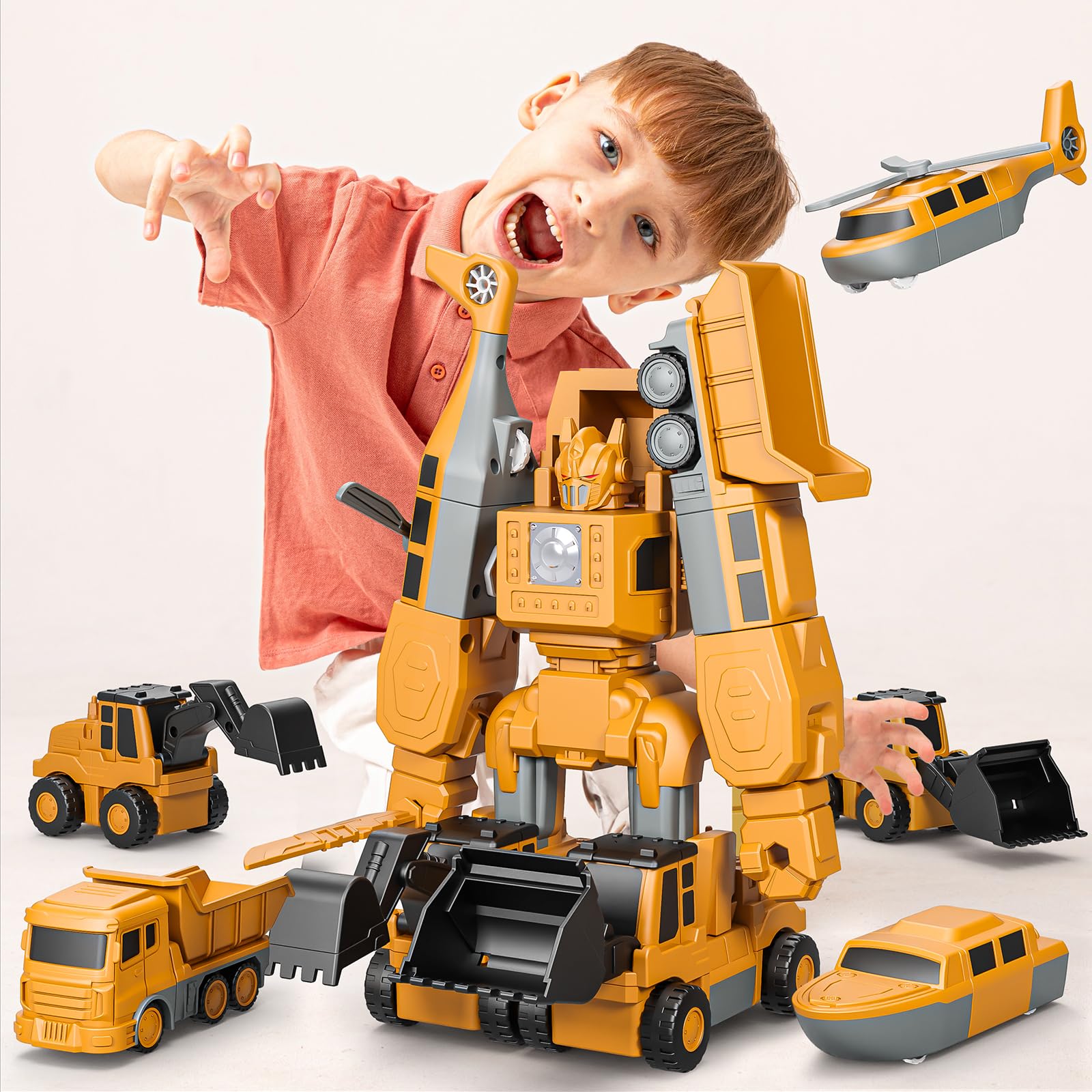 Gzsbaby Transforming Robot Toys Set for Boys, 6 in 1 Magnetic Construction Trucks Transform Robot Play Vehicles with Storage Box (Construction Toys) (778A47)