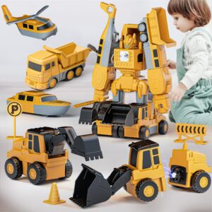 Gzsbaby Transforming Robot Toys Set for Boys, 6 in 1 Magnetic Construction Trucks Transform Robot Play Vehicles with Storage Box (Construction Toys) (778A47)