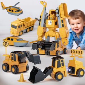 Gzsbaby Transforming Robot Toys Set for Boys, 6 in 1 Magnetic Construction Trucks Transform Robot Play Vehicles with Storage Box (Construction Toys) (778A47)