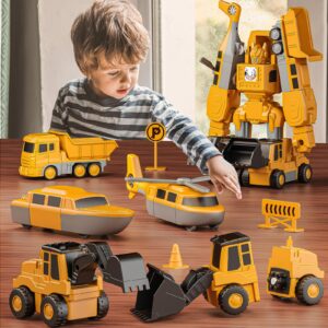 Gzsbaby Transforming Robot Toys Set for Boys, 6 in 1 Magnetic Construction Trucks Transform Robot Play Vehicles with Storage Box (Construction Toys) (778A47)