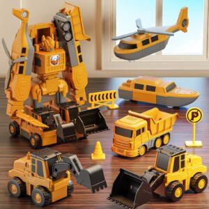 Gzsbaby Transforming Robot Toys Set for Boys, 6 in 1 Magnetic Construction Trucks Transform Robot Play Vehicles with Storage Box (Construction Toys) (778A47)