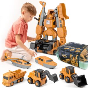 Gzsbaby Transforming Robot Toys Set for Boys, 6 in 1 Magnetic Construction Trucks Transform Robot Play Vehicles with Storage Box (Construction Toys) (778A47)