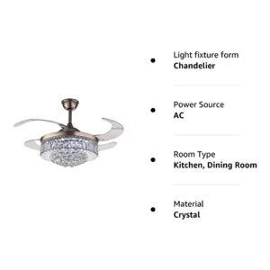 Modern Dimmable Fandelier Crystal Ceiling Fan with Lights and Remote Invisible Retractable Chandelier Fan Light LED Lighting-Polished Chrome 36 inch…