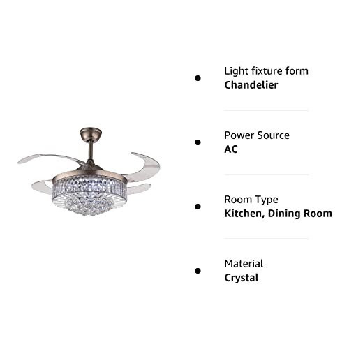 Modern Dimmable Fandelier Crystal Ceiling Fan with Lights and Remote Invisible Retractable Chandelier Fan Light LED Lighting-Polished Chrome 36 inch…