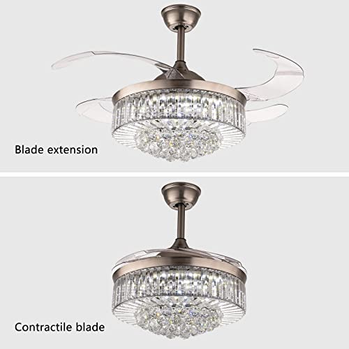 Modern Dimmable Fandelier Crystal Ceiling Fan with Lights and Remote Invisible Retractable Chandelier Fan Light LED Lighting-Polished Chrome 36 inch…