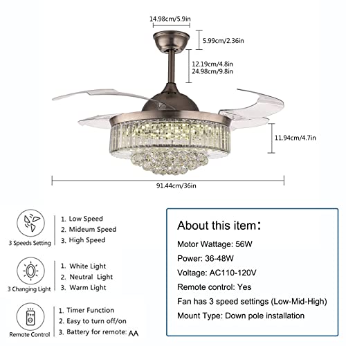 Modern Dimmable Fandelier Crystal Ceiling Fan with Lights and Remote Invisible Retractable Chandelier Fan Light LED Lighting-Polished Chrome 36 inch…