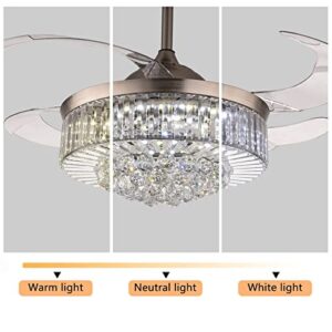 Modern Dimmable Fandelier Crystal Ceiling Fan with Lights and Remote Invisible Retractable Chandelier Fan Light LED Lighting-Polished Chrome 36 inch…