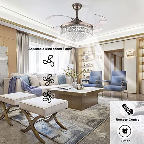 Modern Dimmable Fandelier Crystal Ceiling Fan with Lights and Remote Invisible Retractable Chandelier Fan Light LED Lighting-Polished Chrome 36 inch…