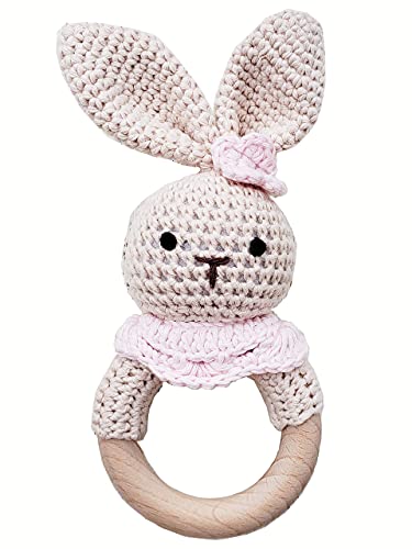 Natural Crochet Teether Toy Rattle for Baby Forest Friends Handmade Amigurumi Crochet Bunny Deer Fox on Natural Wooden Teething Ring Rattle Natural Baby Toys (Girl Bunny)