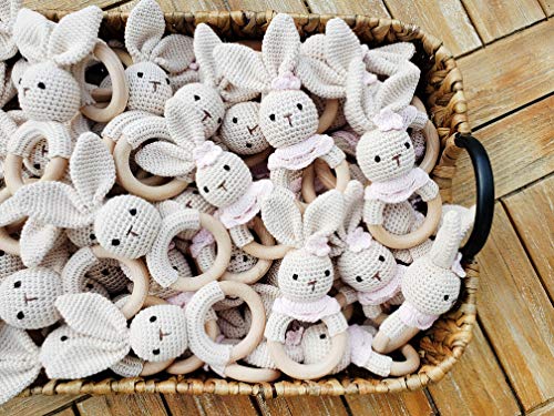 Natural Crochet Teether Toy Rattle for Baby Forest Friends Handmade Amigurumi Crochet Bunny Deer Fox on Natural Wooden Teething Ring Rattle Natural Baby Toys (Girl Bunny)