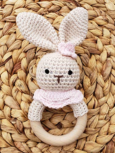 Natural Crochet Teether Toy Rattle for Baby Forest Friends Handmade Amigurumi Crochet Bunny Deer Fox on Natural Wooden Teething Ring Rattle Natural Baby Toys (Girl Bunny)