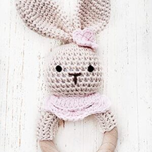 Natural Crochet Teether Toy Rattle for Baby Forest Friends Handmade Amigurumi Crochet Bunny Deer Fox on Natural Wooden Teething Ring Rattle Natural Baby Toys (Girl Bunny)