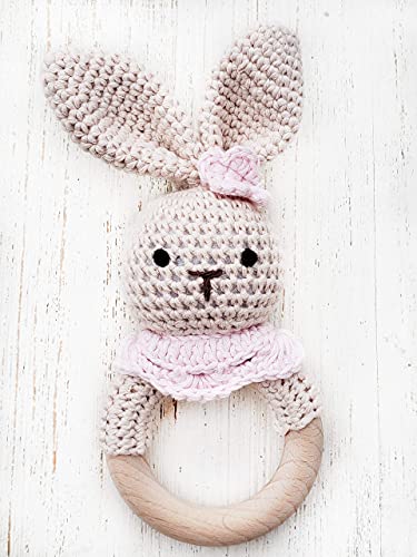 Natural Crochet Teether Toy Rattle for Baby Forest Friends Handmade Amigurumi Crochet Bunny Deer Fox on Natural Wooden Teething Ring Rattle Natural Baby Toys (Girl Bunny)