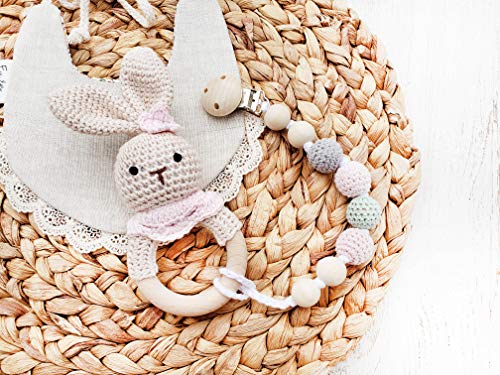 Natural Crochet Teether Toy Rattle for Baby Forest Friends Handmade Amigurumi Crochet Bunny Deer Fox on Natural Wooden Teething Ring Rattle Natural Baby Toys (Girl Bunny)