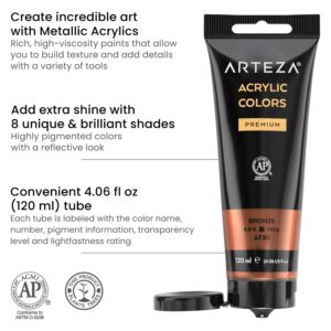 ARTEZA Metallic Acrylic Paint, 8 Metallic Colors in 4.06 ounce Tubes, Non Toxic Artist Paints for Hobby Painters, Art Supplies for Canvas Painting