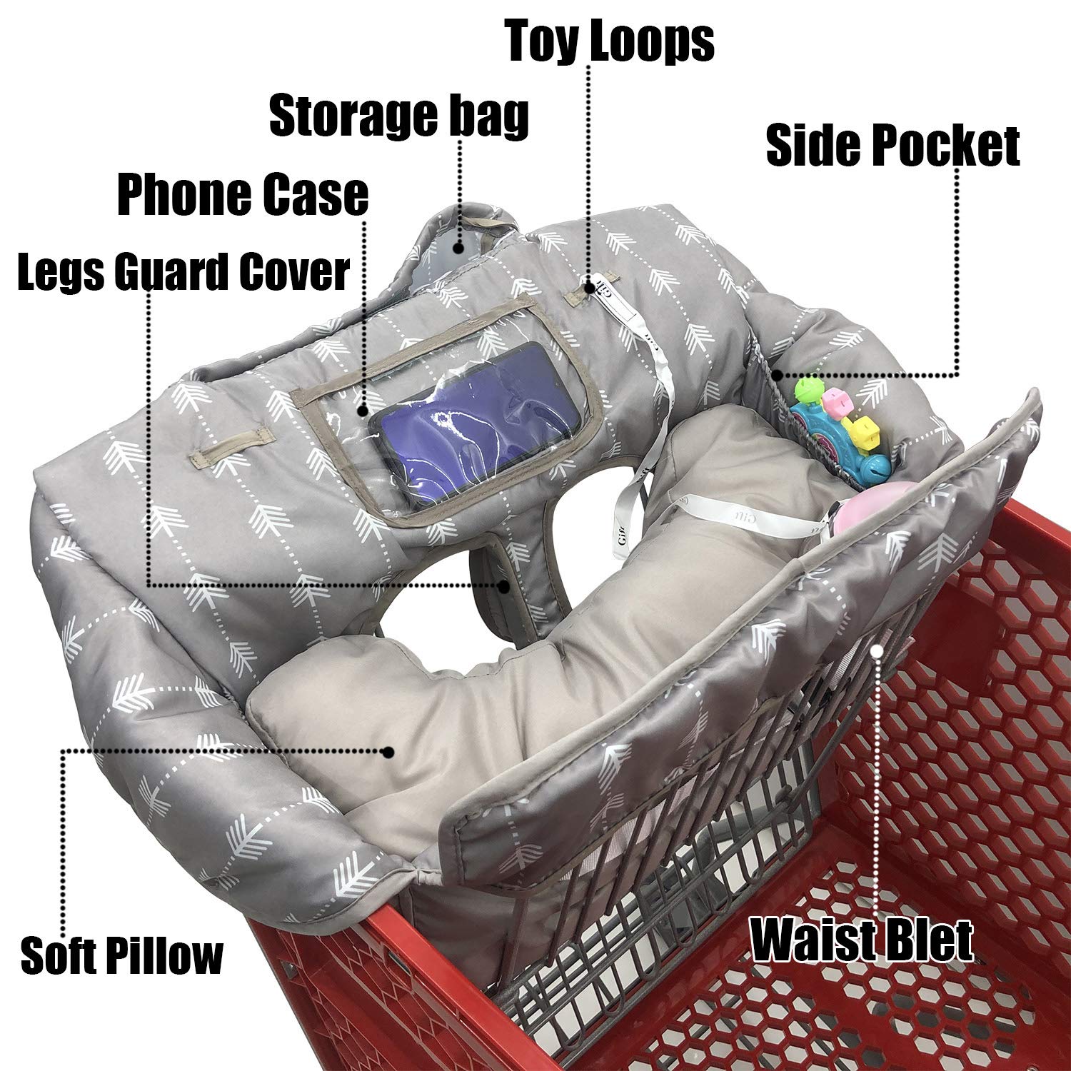 Soft Pillow Attached Waterproof 2-in-1 Baby Grocery Cart Seat Cover and High Chair Cover (Grey Arrow)