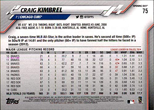 2020 Topps Opening Day #75 Craig Kimbrel Chicago Cubs Baseball Card