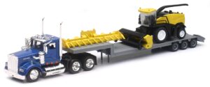 new-ray kenworth lowboy trailer with new holland self propelled forage harvester with detachable hay and corn head attacments