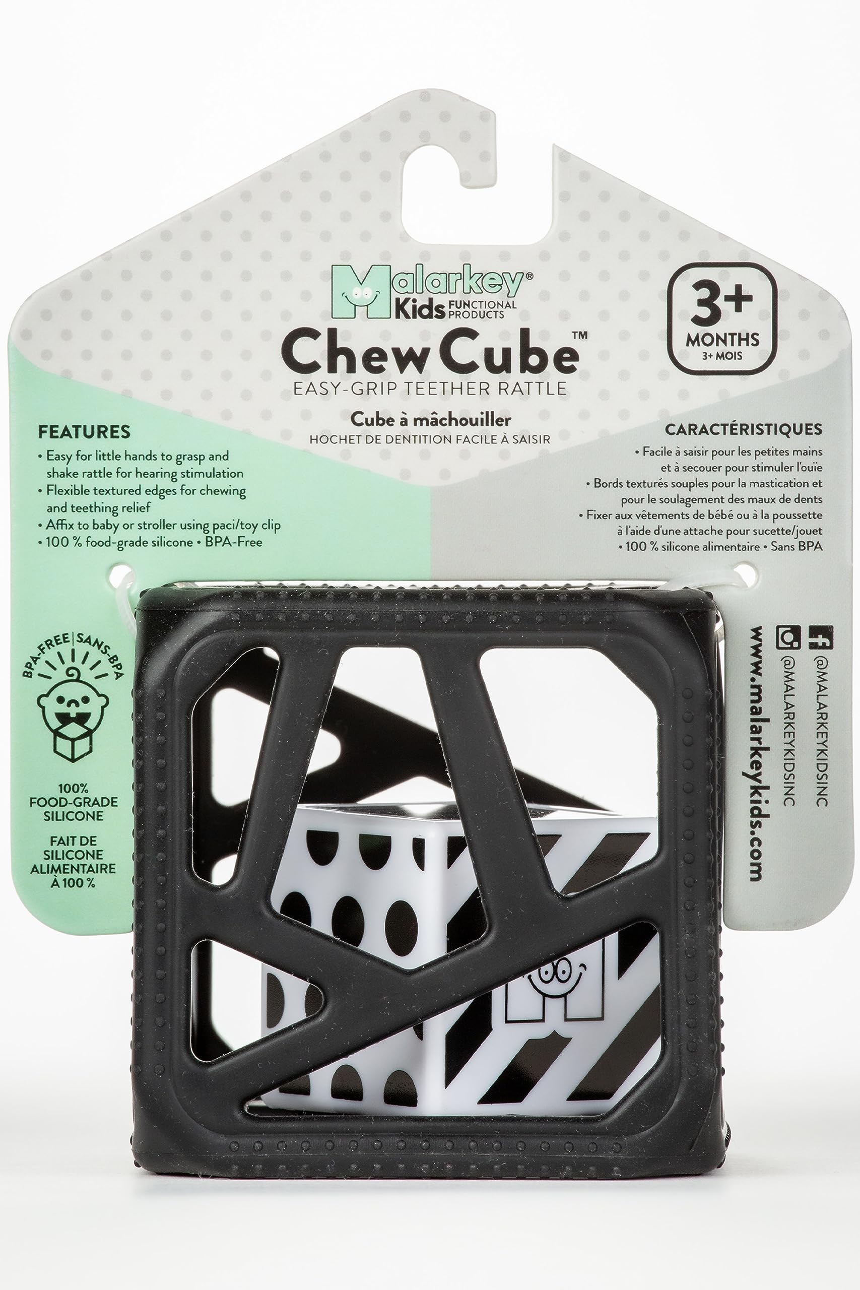 Malarkey Kids Silicone Teething Toys Chew Cube Baby Toy Activity Cube for New Born Babies Toys Rattle Teether Four Way Sensory Stimulation (Easy Grip, BPA Free Non Toxic, Black, Pack of 1)