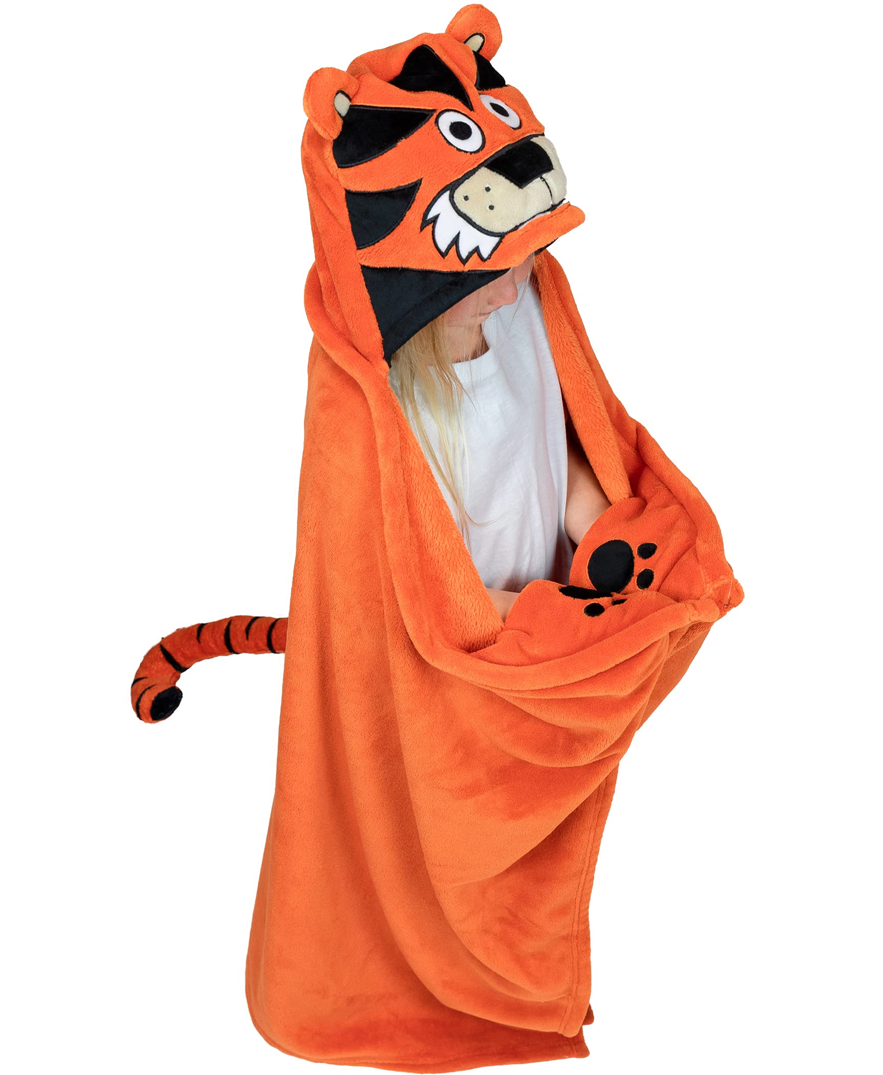 Lazy One Wearable Hooded Blanket for Kids, Animal Hooded Blanket (Tiger Blanket)