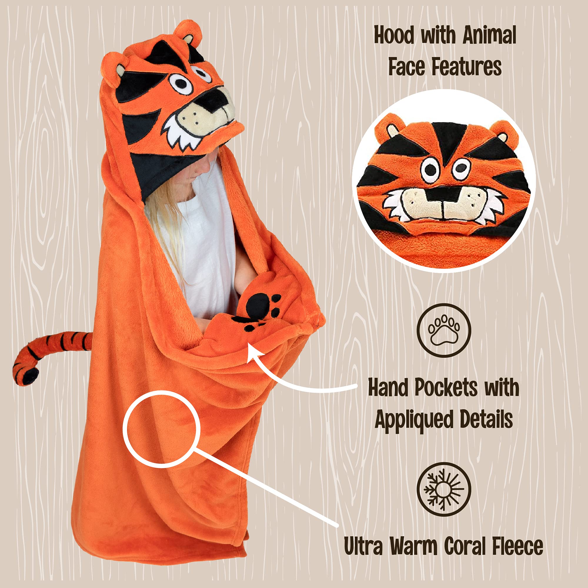 Lazy One Wearable Hooded Blanket for Kids, Animal Hooded Blanket (Tiger Blanket)