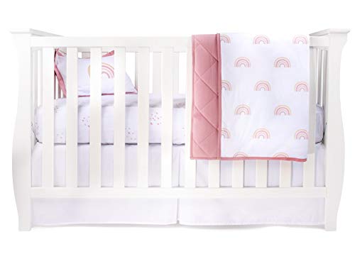 Ely's & Co. Baby Crib Bedding Sets for Girls — 4 Piece Set Includes Crib Sheet, Quilted Blanket, Crib Skirt, and Baby Pillowcase — Pink Rainbow Design